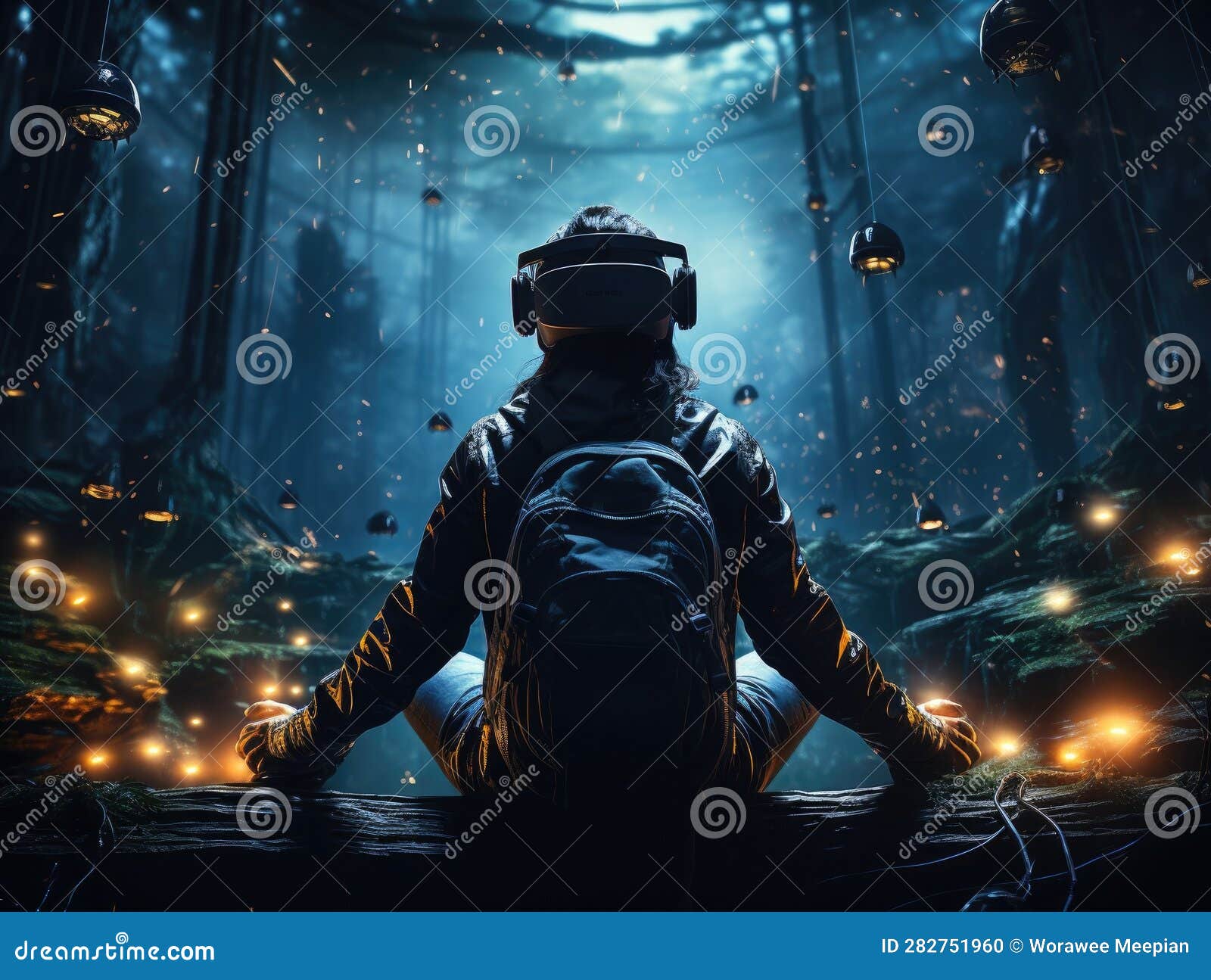 A Man Wearing a VR Headset Sit in the Forest Scene, Firefly Light ...