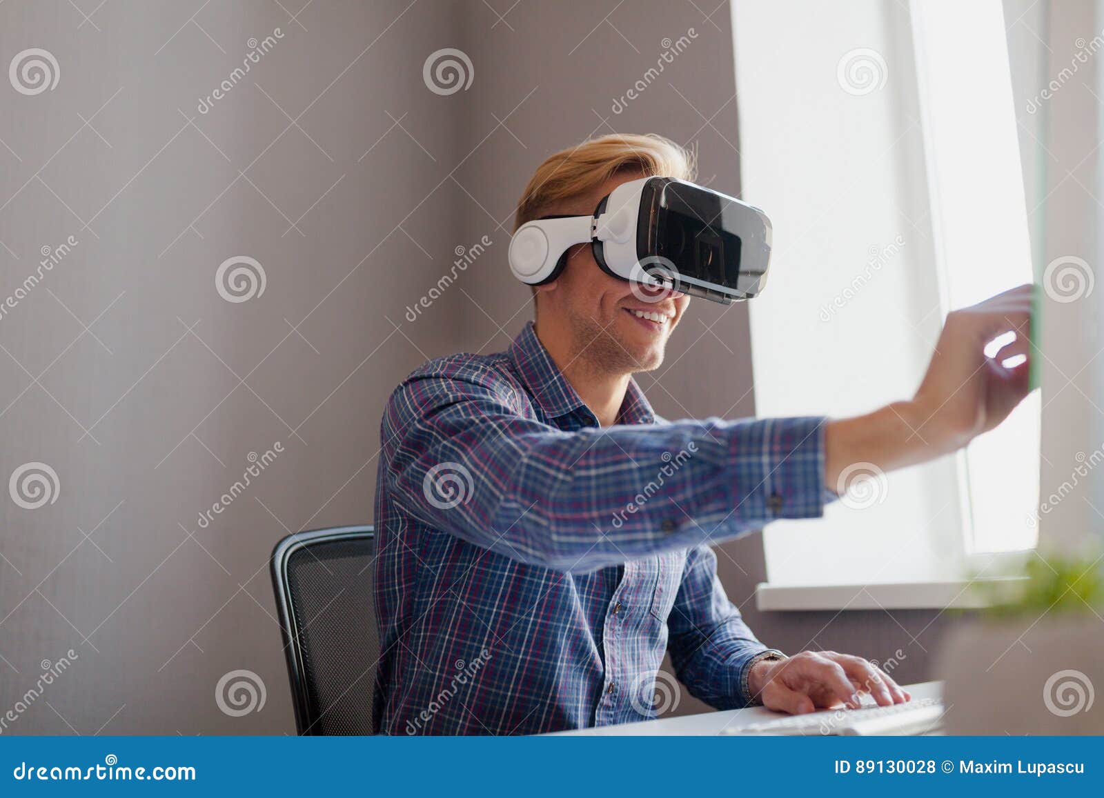Man Wearing VR Headset Touching Screen Stock Photo - Image of computer ...