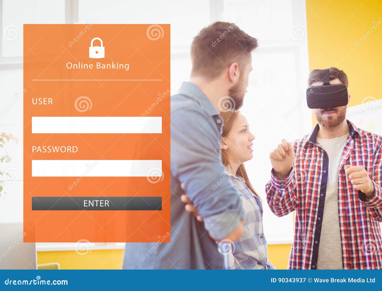 Man Wearing VR Virtual Reality Headset with Bank Login Online Interface ...