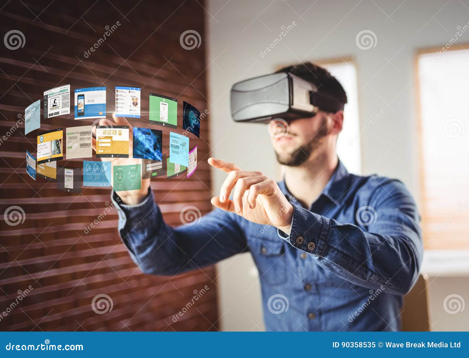 Man Wearing VR Virtual Reality Headset with Interface Stock Image ...