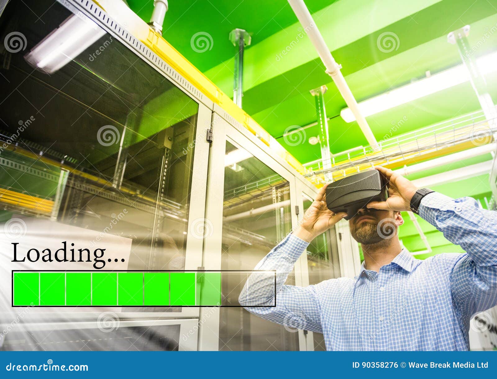 Man Wearing VR Virtual Reality Headset with Loading Interface and ...