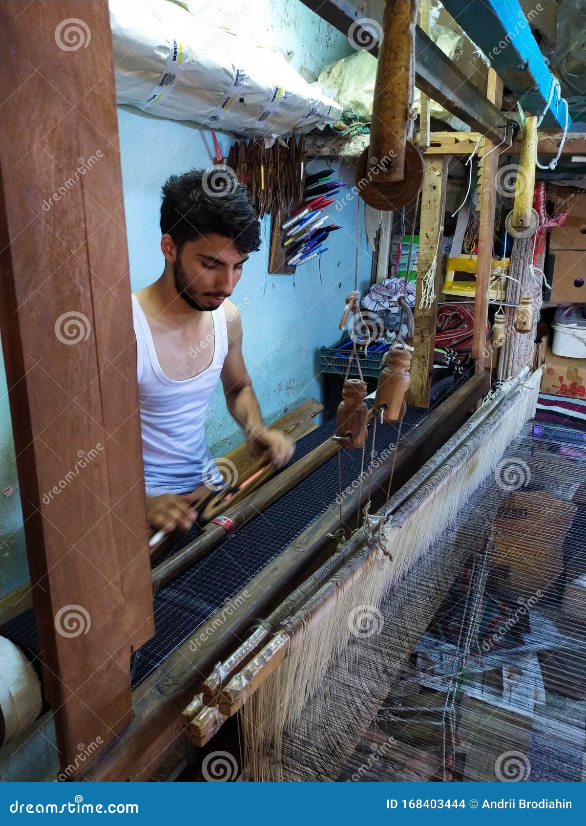 Man Weaving on a Loom, Silk Weaving Workshop Mahdia Editorial Stock ...