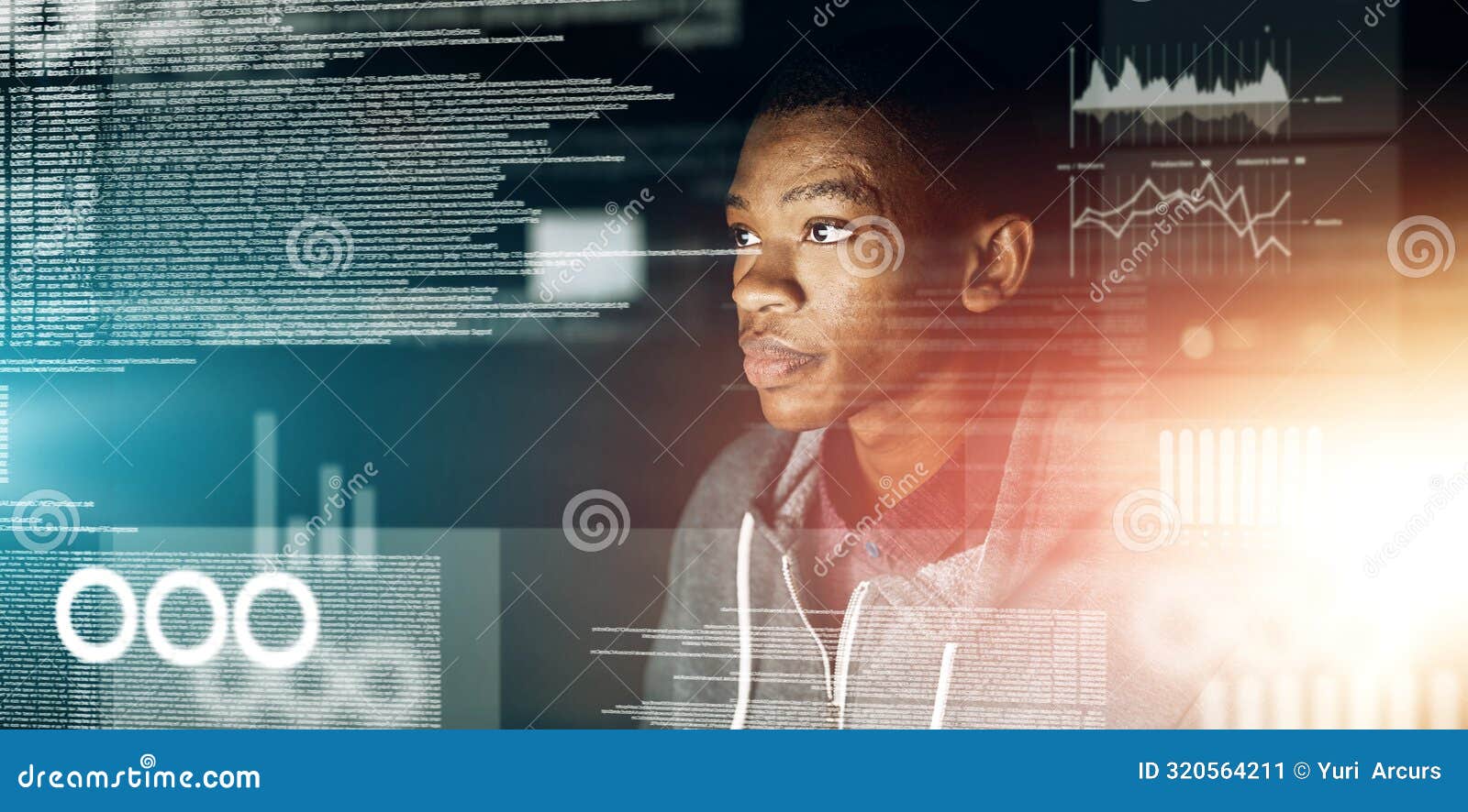 Man, Web Developer and Coding Overlay with Statistics for Fintech App, Reporting and Chart ...