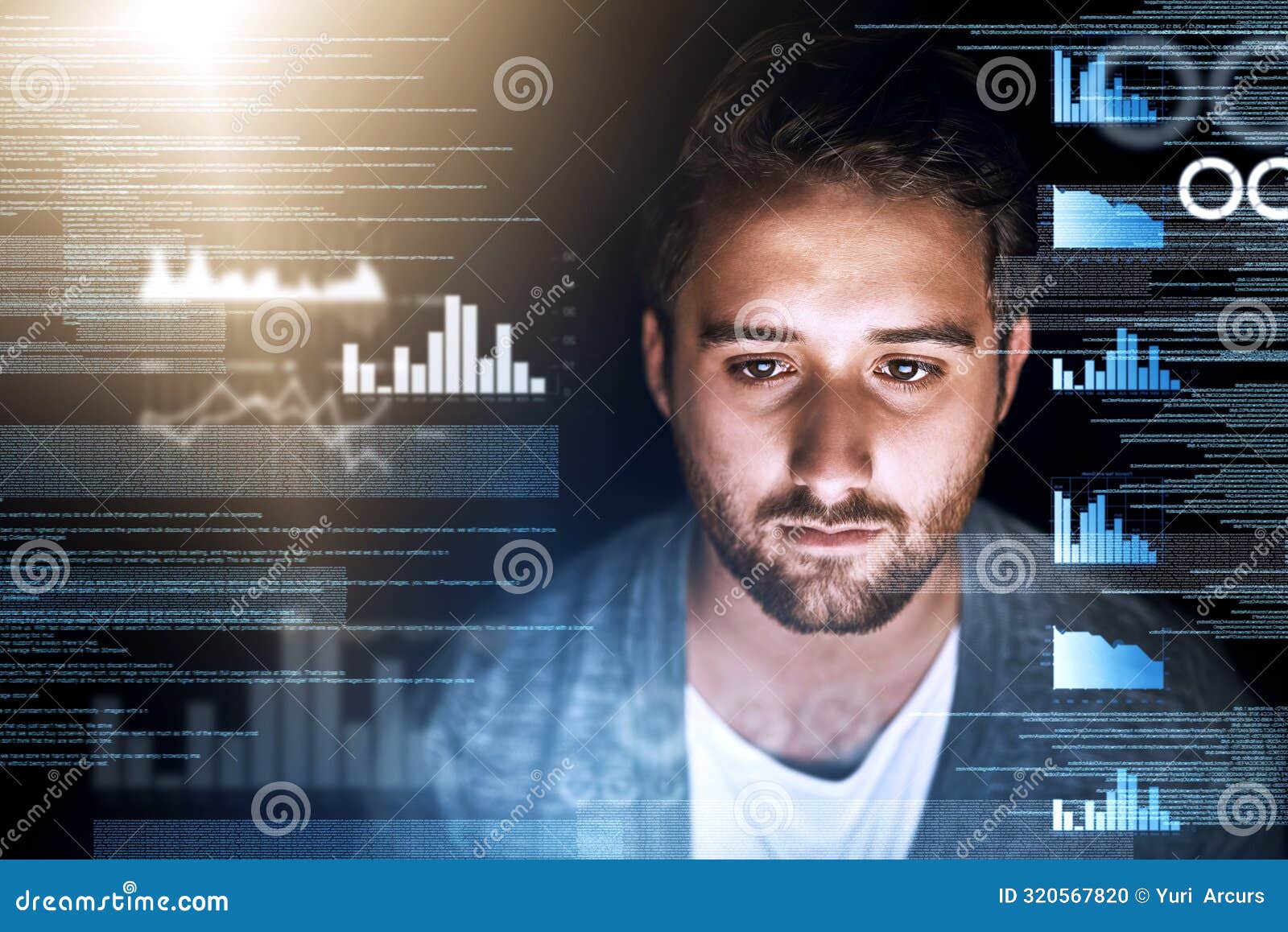 Man Web Developer And Overlay With Graph Coding And Stats For App Development Reporting And