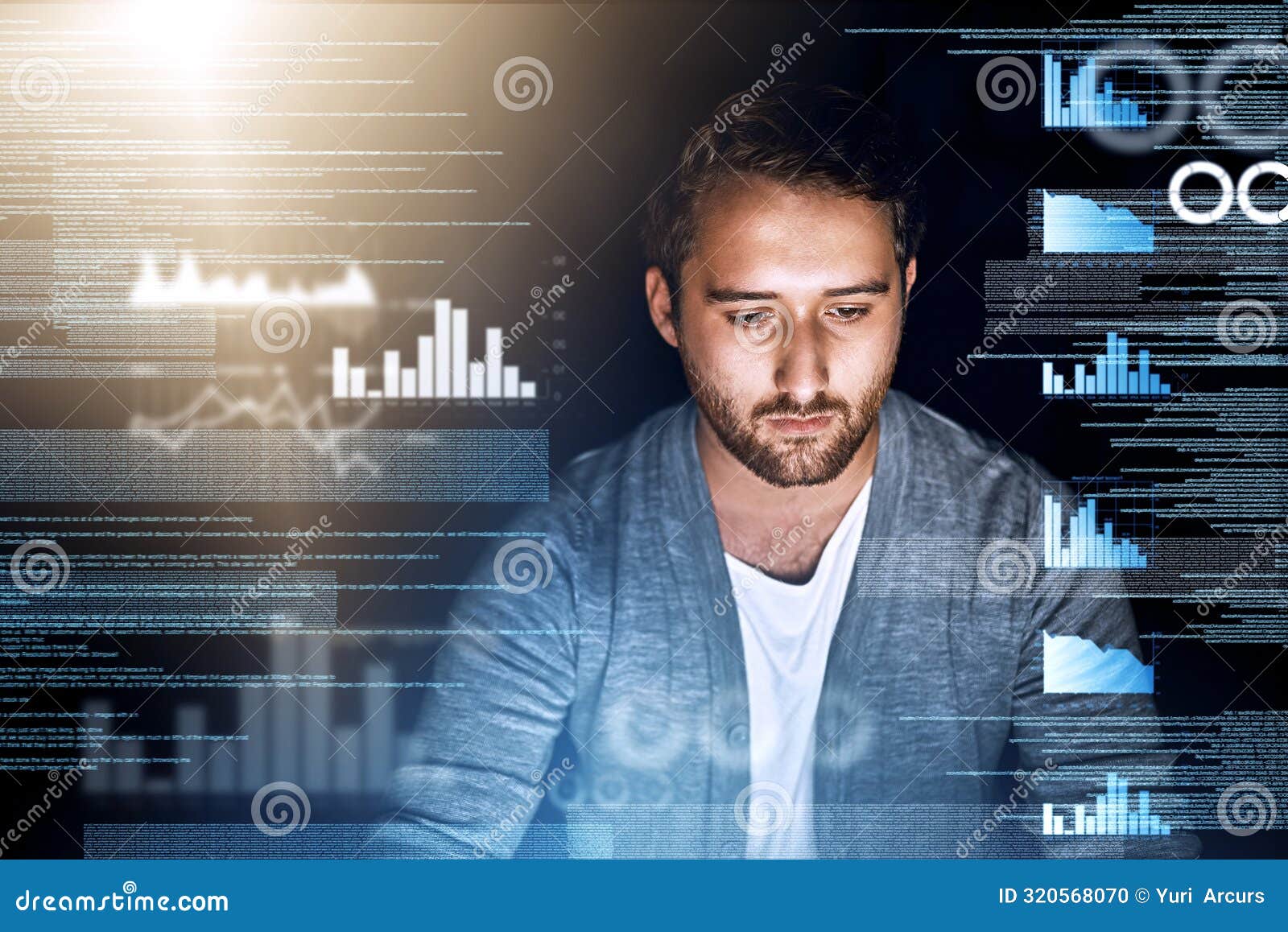 Man, Web Developer and Statistics Overlay with Coding or Script for Fintech App and Ecommerce ...