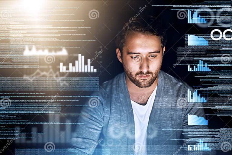 Man, Web Developer and Statistics Overlay with Coding or Script for Fintech App and Ecommerce ...