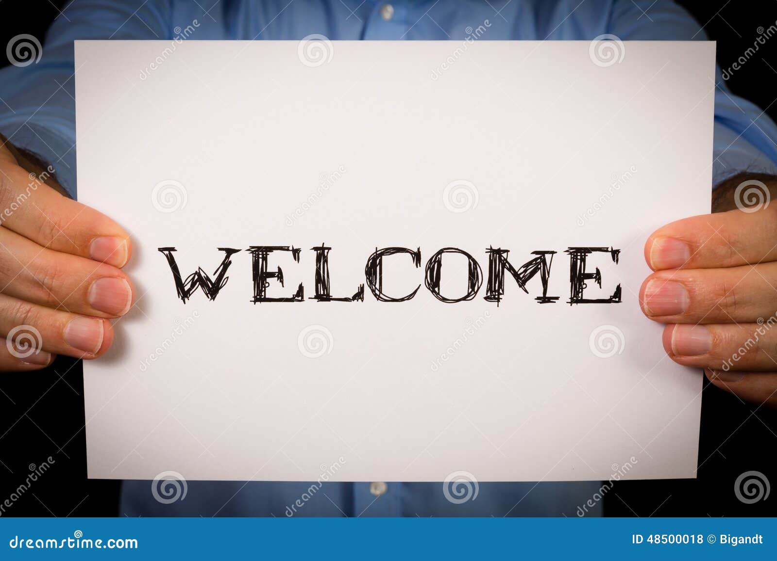 Man with Welcome sign stock photo. Image of holding, carton - 48500018