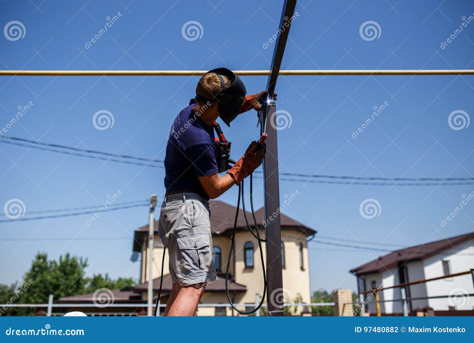 Man Welding Metal Construction at His Backyard. Stock Photo - Image of ...