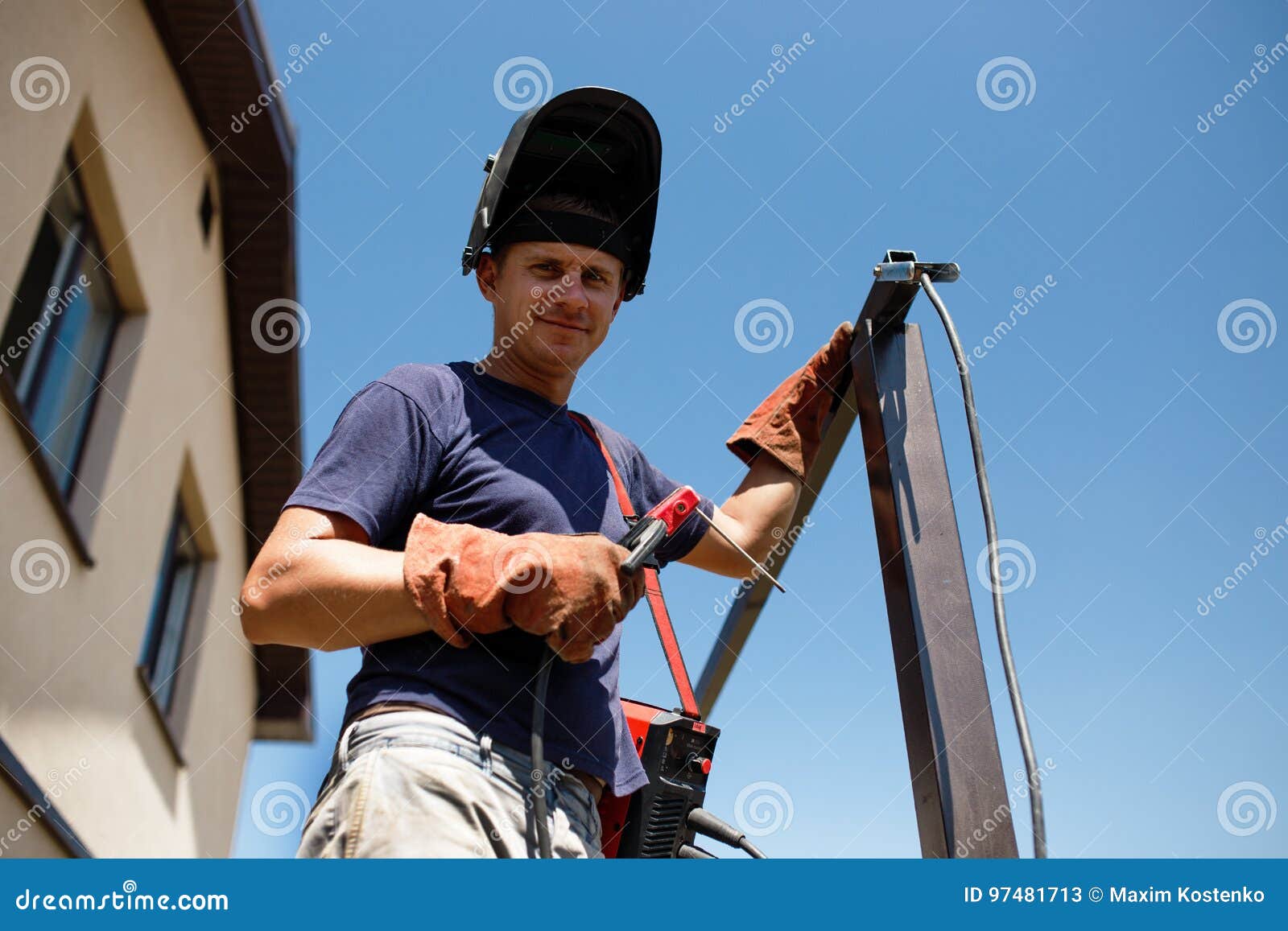 Man Welding Metal Construction at His Backyard. Stock Image - Image of ...