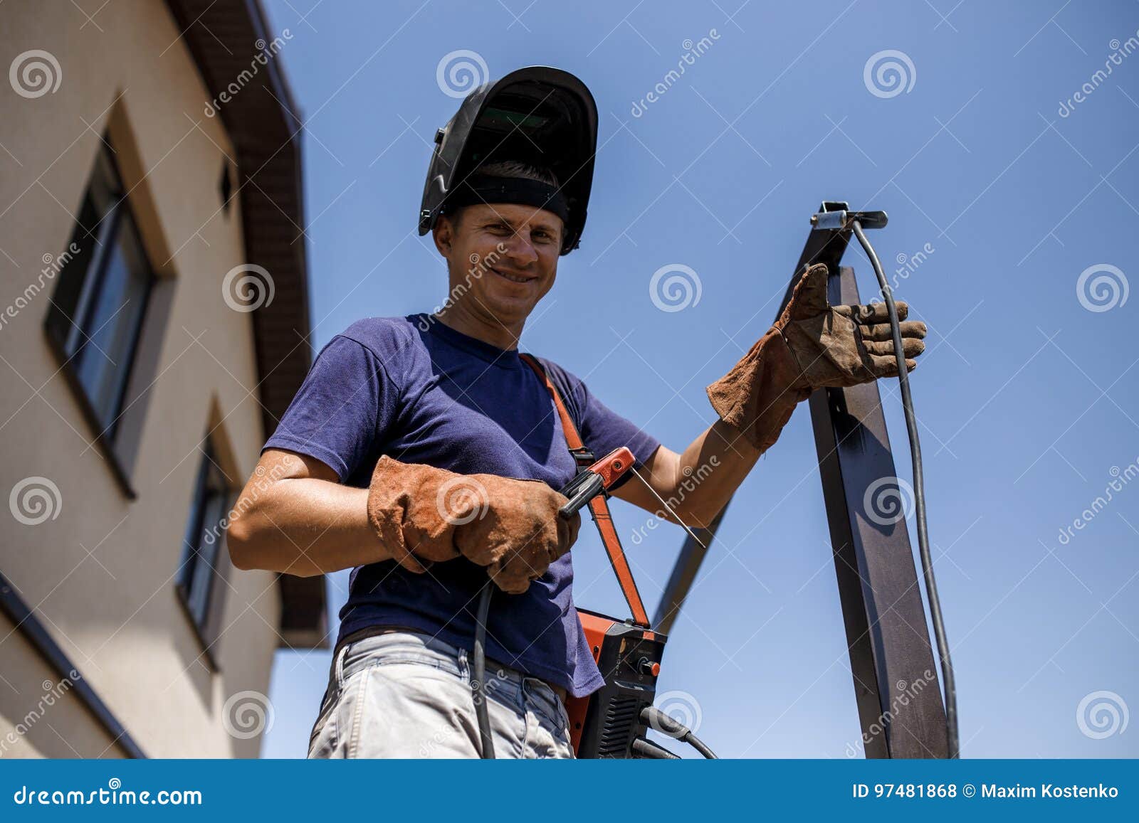 Man Welding Metal Construction at His Backyard. Stock Photo - Image of ...
