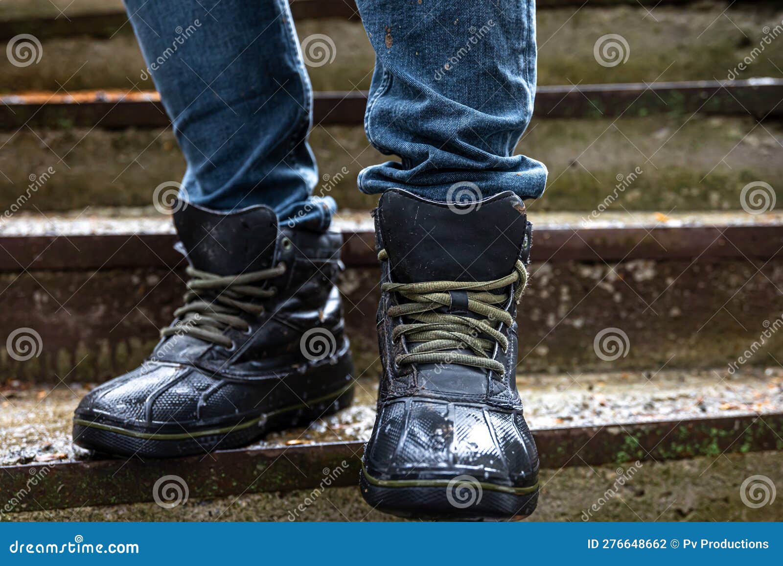 A Man in Boots on the Old Steps, Close-up. Stock Photo - Image of road ...
