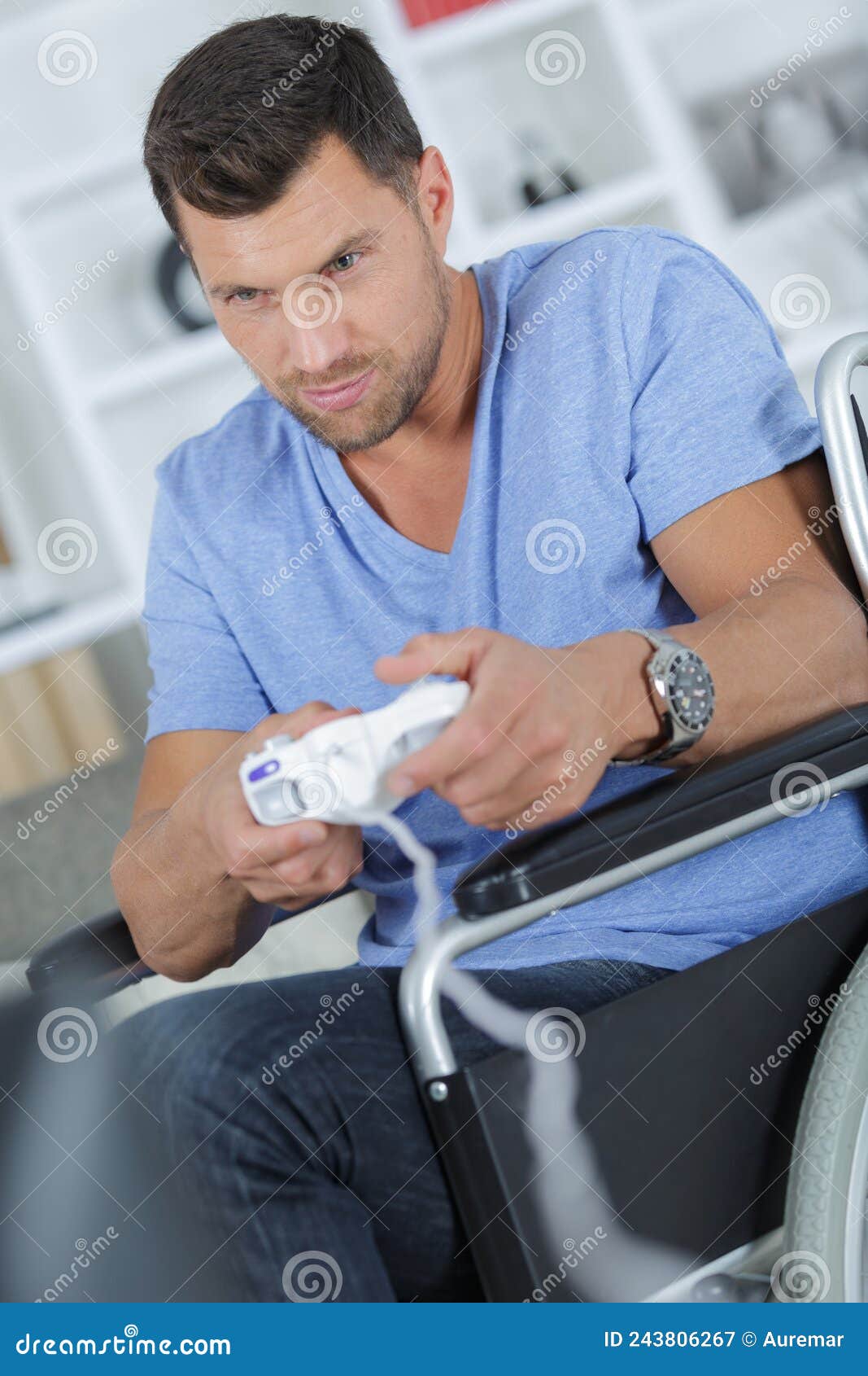 Man in Wheelchair Playing Computer Game Stock Image - Image of control ...
