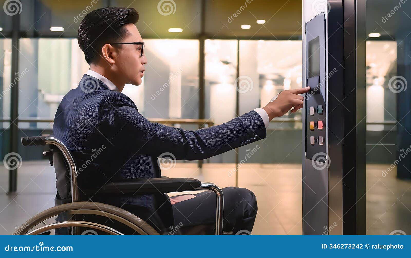 A Man in a Wheelchair Presses a Button on an Elevator Control Panel in ...