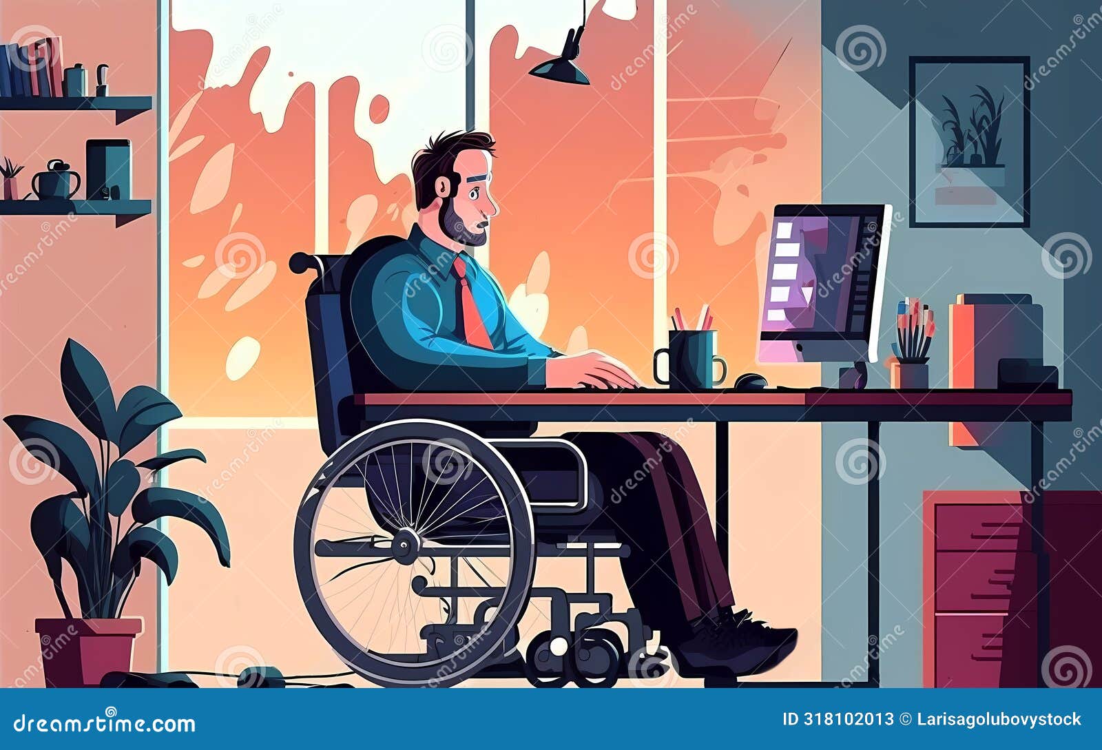 Man in a Wheelchair Sitting at a Desk with a Computer. Stock Image ...