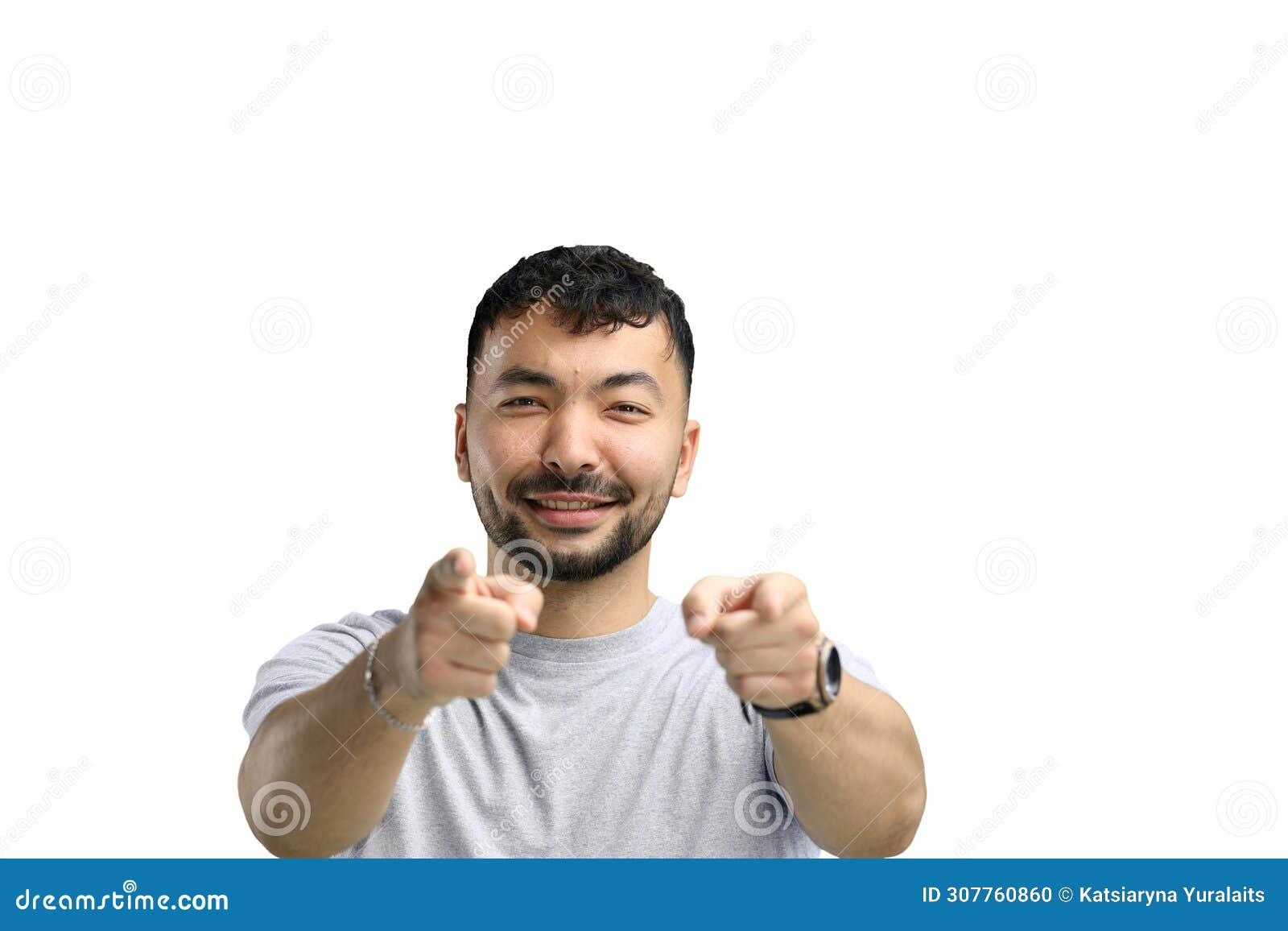 A Man, on a White Background, in Close-up, Points Forward Stock Photo ...