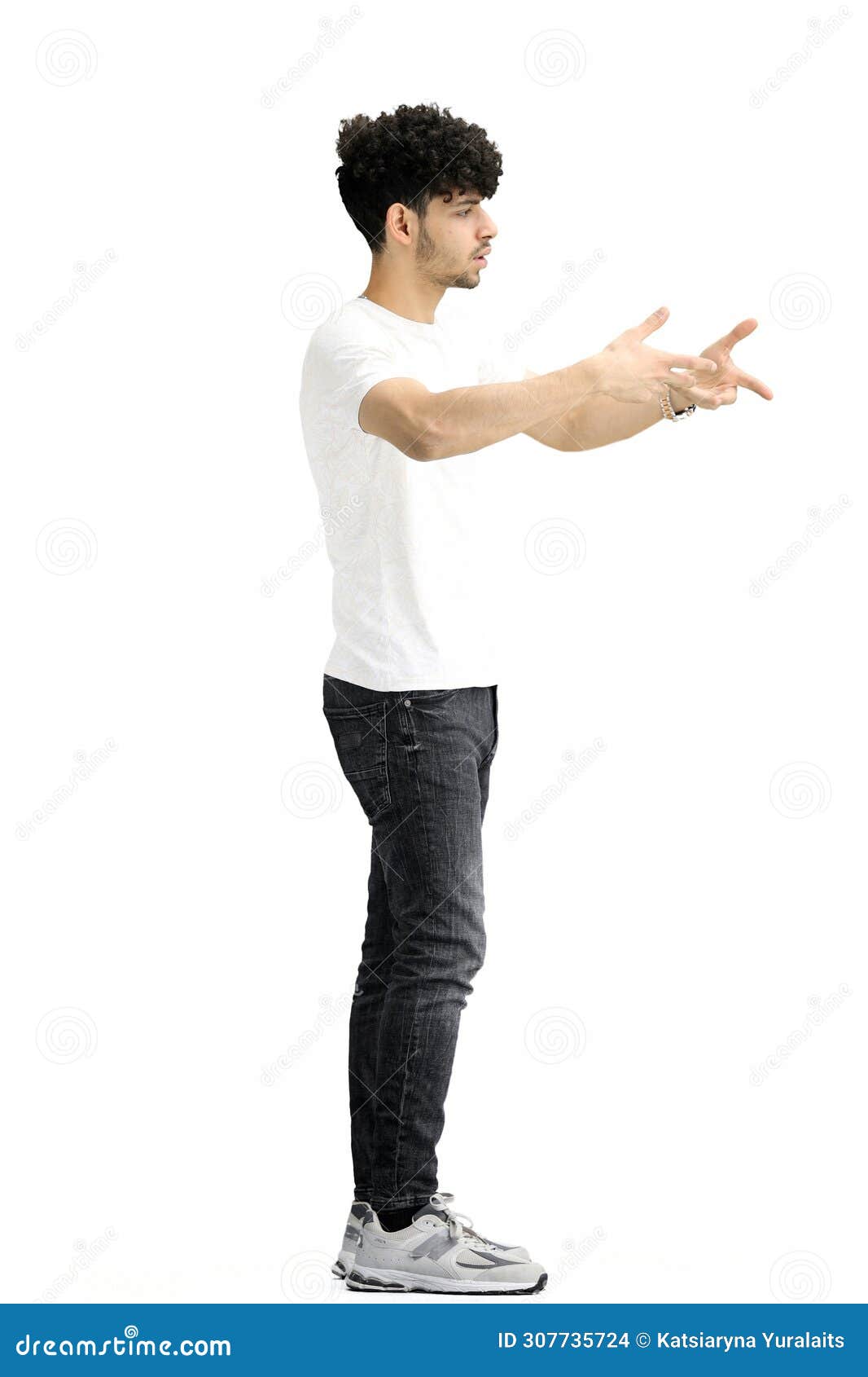 A Man, on a White Background, in Full Height, Gestures Stock Photo ...