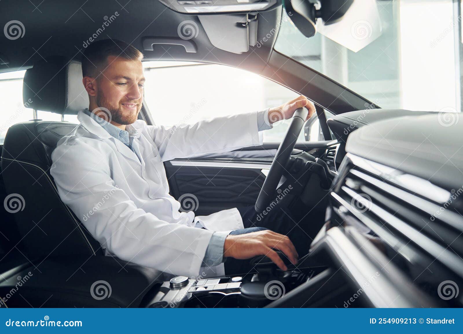 Man in White Coat is Driving the Car Stock Image - Image of door ...
