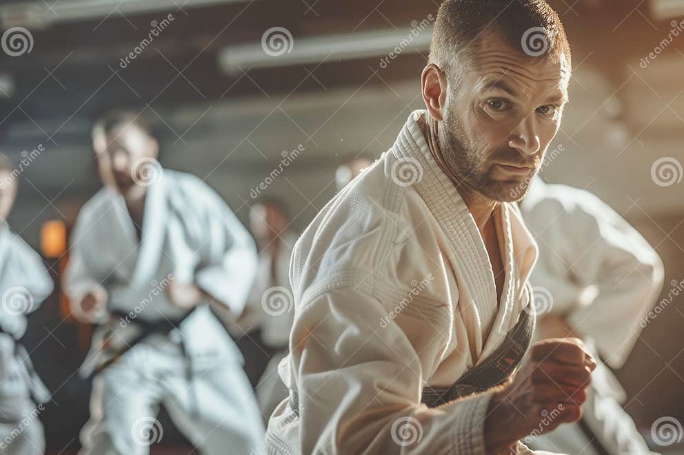 A Man in a White Gi Practices Karate, Demonstrating Precision and Focus ...