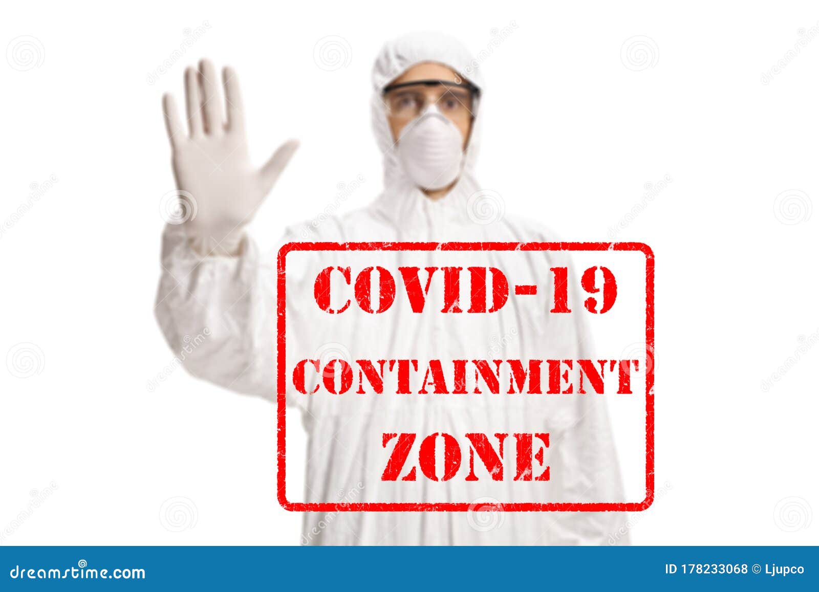 Man in a White Hazmat Protective Suit Gesturing Stop with Written Text ...