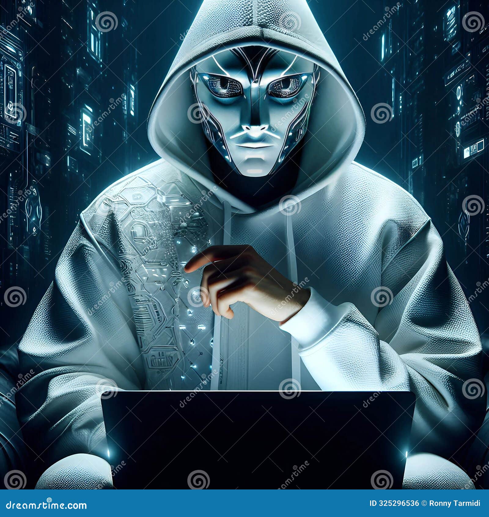 A Man in a White Hood is Looking at a Laptop. Stock Illustration ...