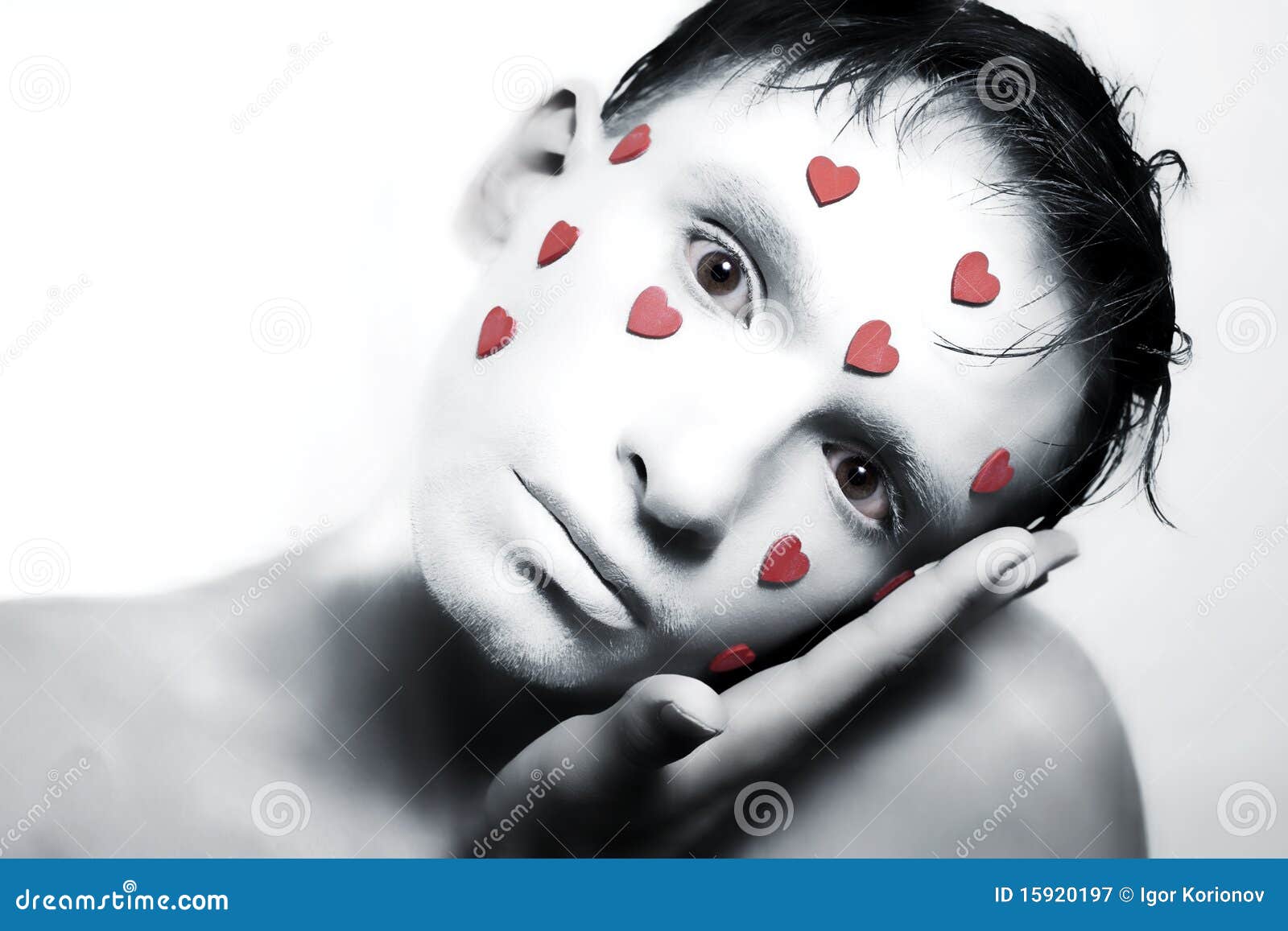 Man with White Makeup and Red Hearts on Face Stock Image - Image of ...