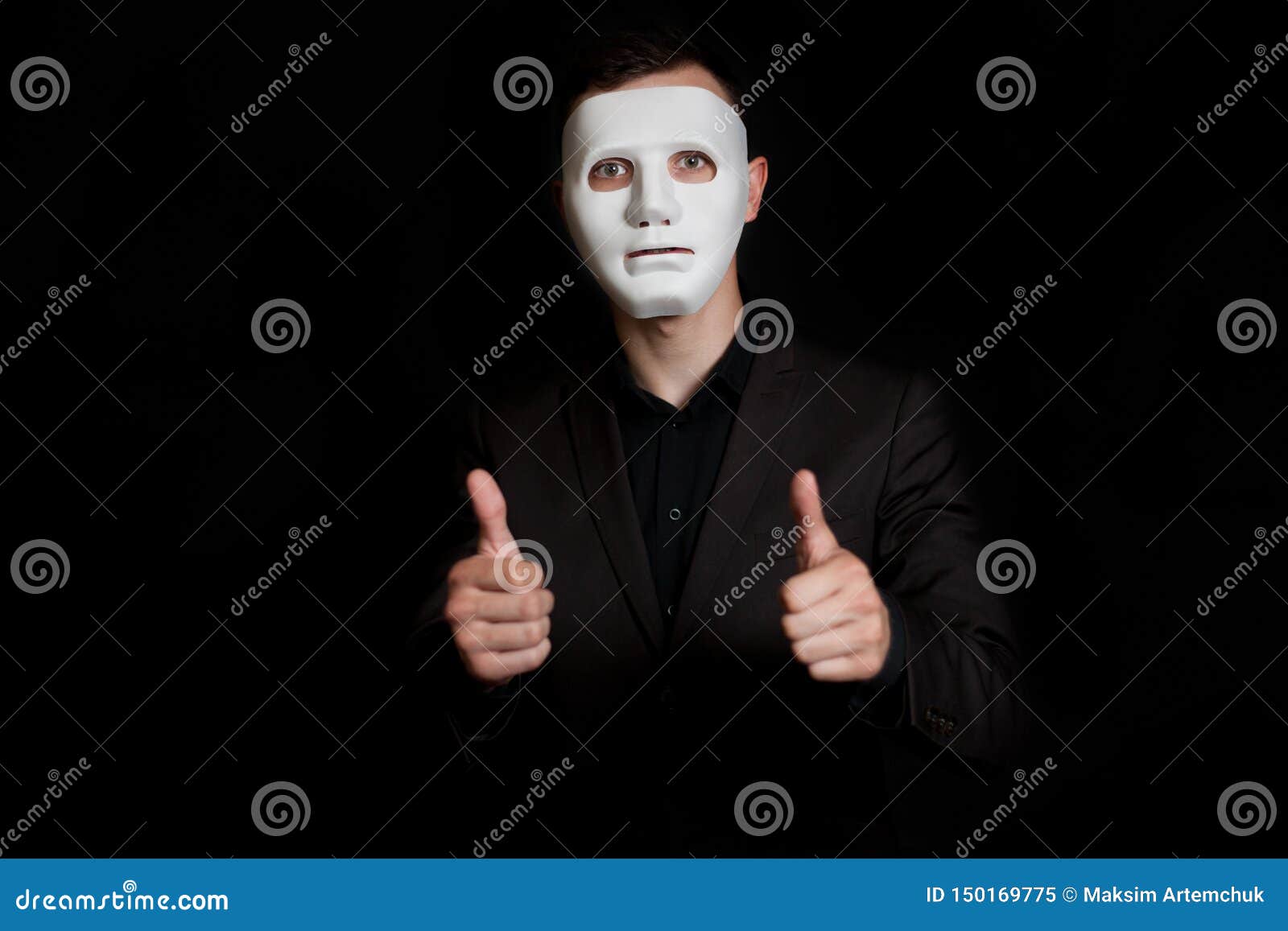 Man in a White Mask on a Black Background. Shows a Big Finger in Two ...