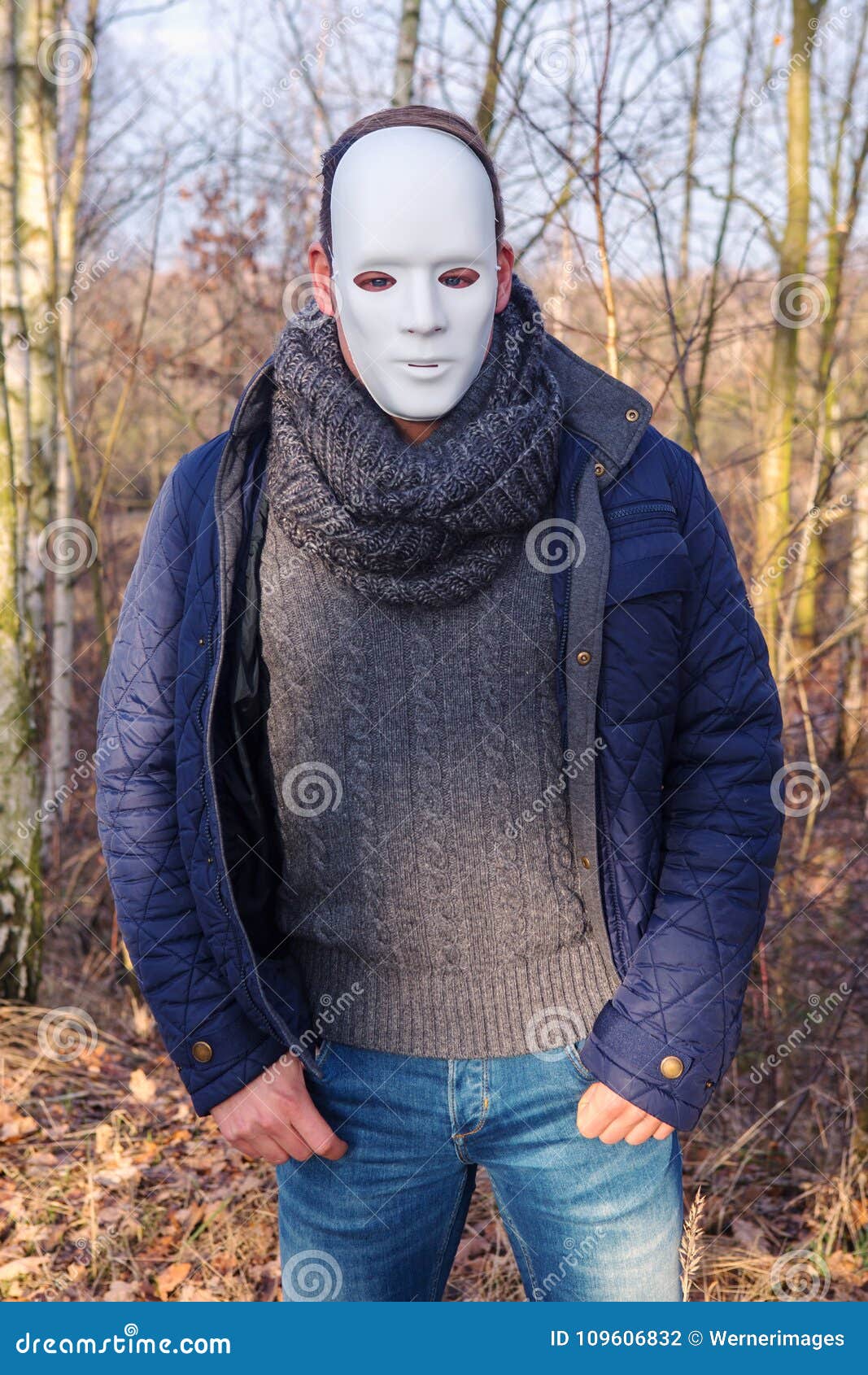 Man with Mask Standing Outdoors in the Woods Stock Photo - Image of ...