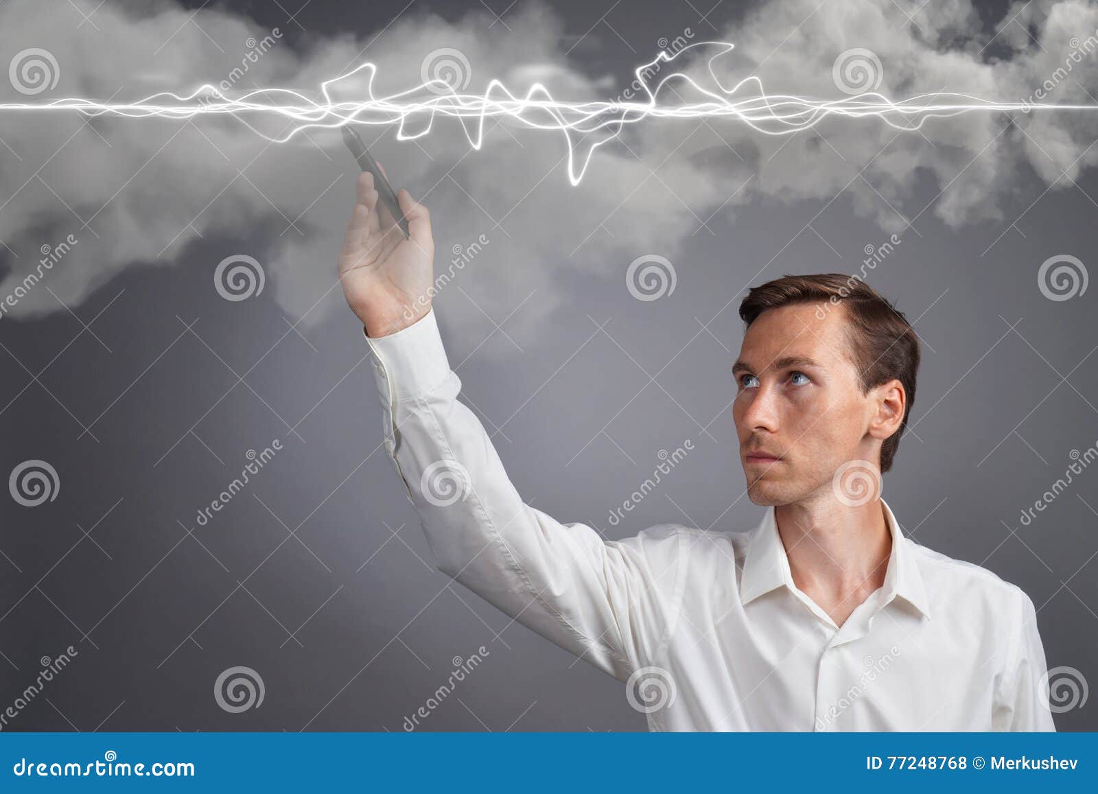 Man in White Shirt Making Magic Effect - Flash Lightning. the Concept ...