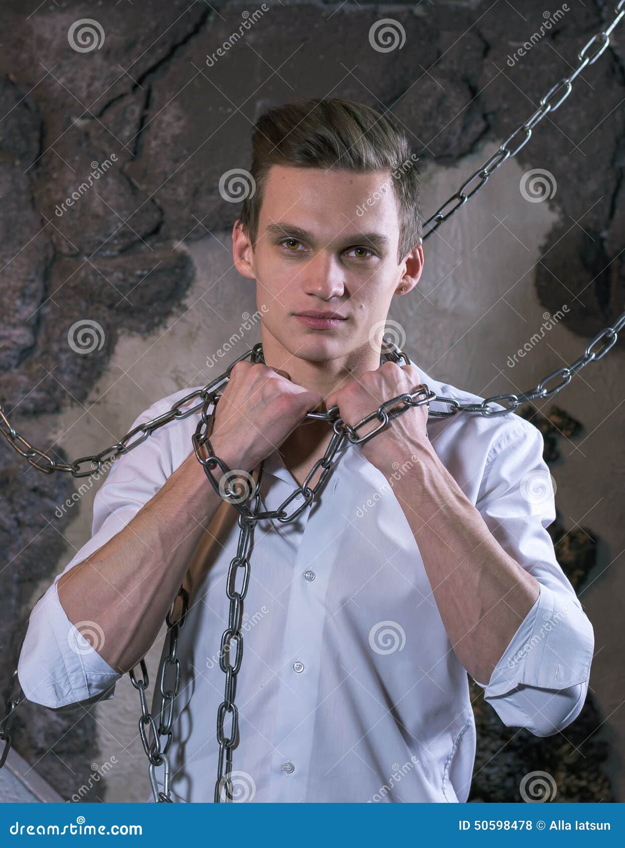 A Man in a White Shirt and Tie Breaks the Chain. Stock Photo - Image of ...