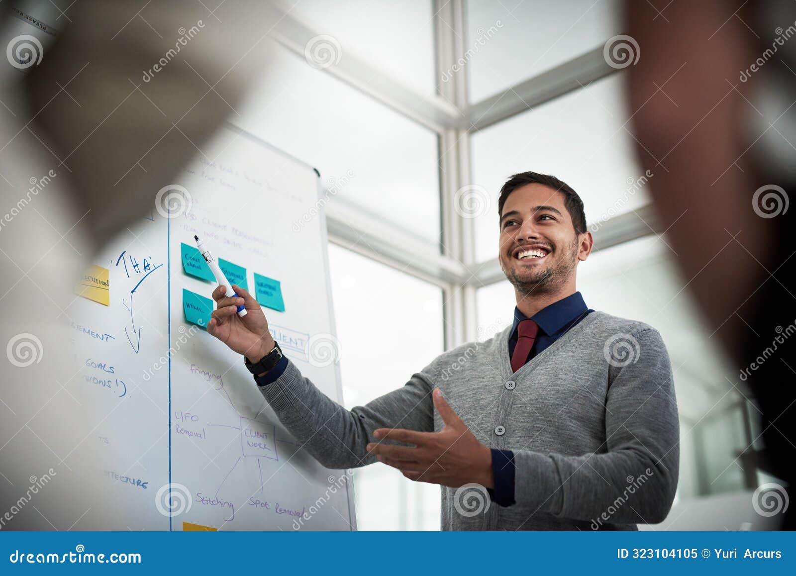 Man, Whiteboard and Conference with Staff in Office for Workflow Steps ...