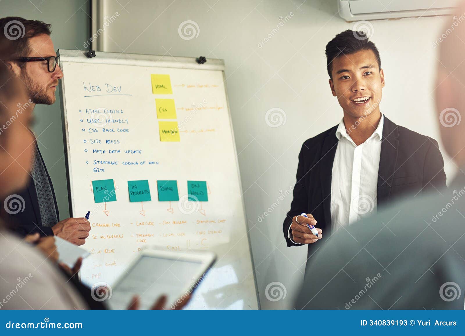 Man, Whiteboard and Web Development Meeting in Office with Team ...