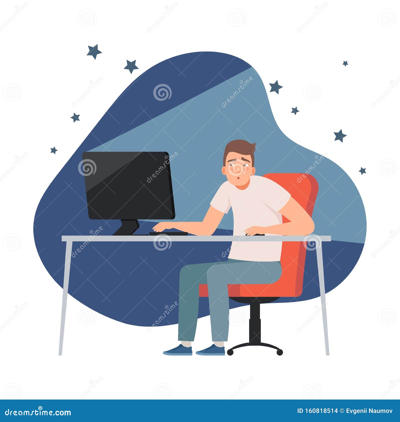 Man Who is Sitting at the Computer at Night Time Vector Illustration ...