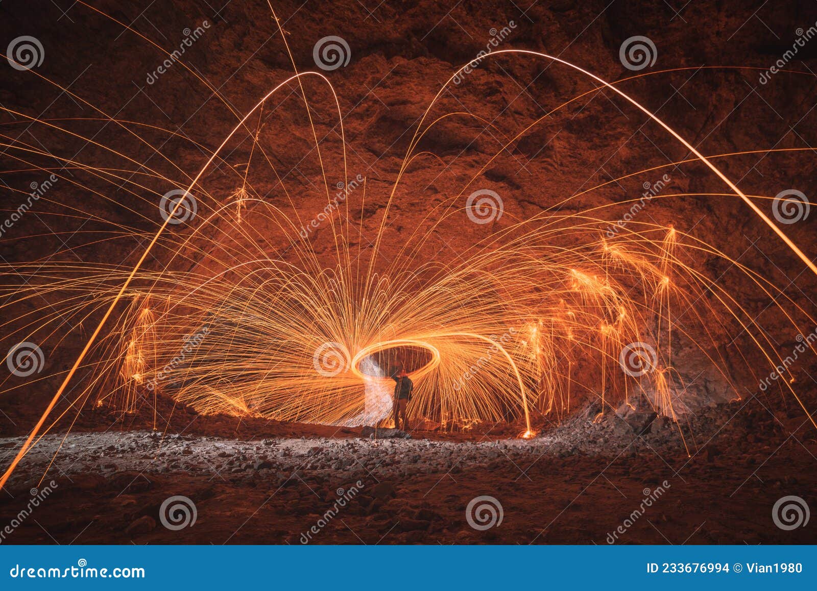 Man Wielding Spark Fire Swirl On Rock Canyon And Holes With Milky Way ...