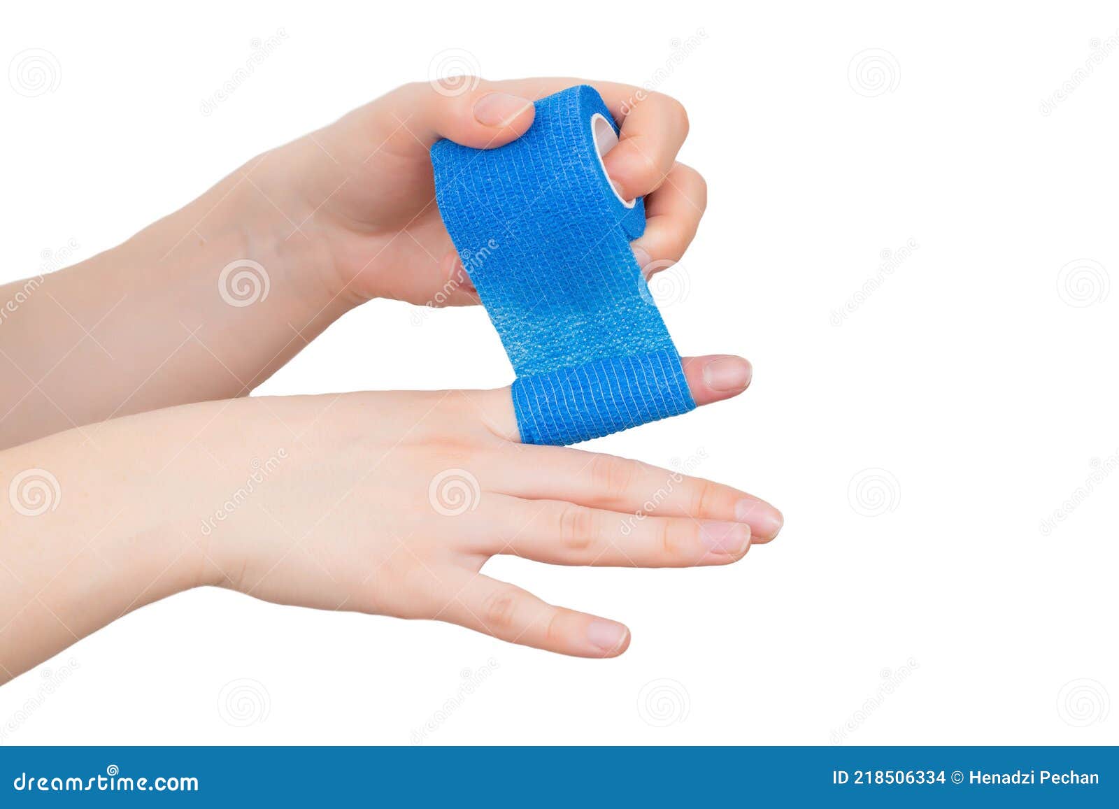 Man Winds an Elastic Bandage on His Hand on a White Background, Isolate ...