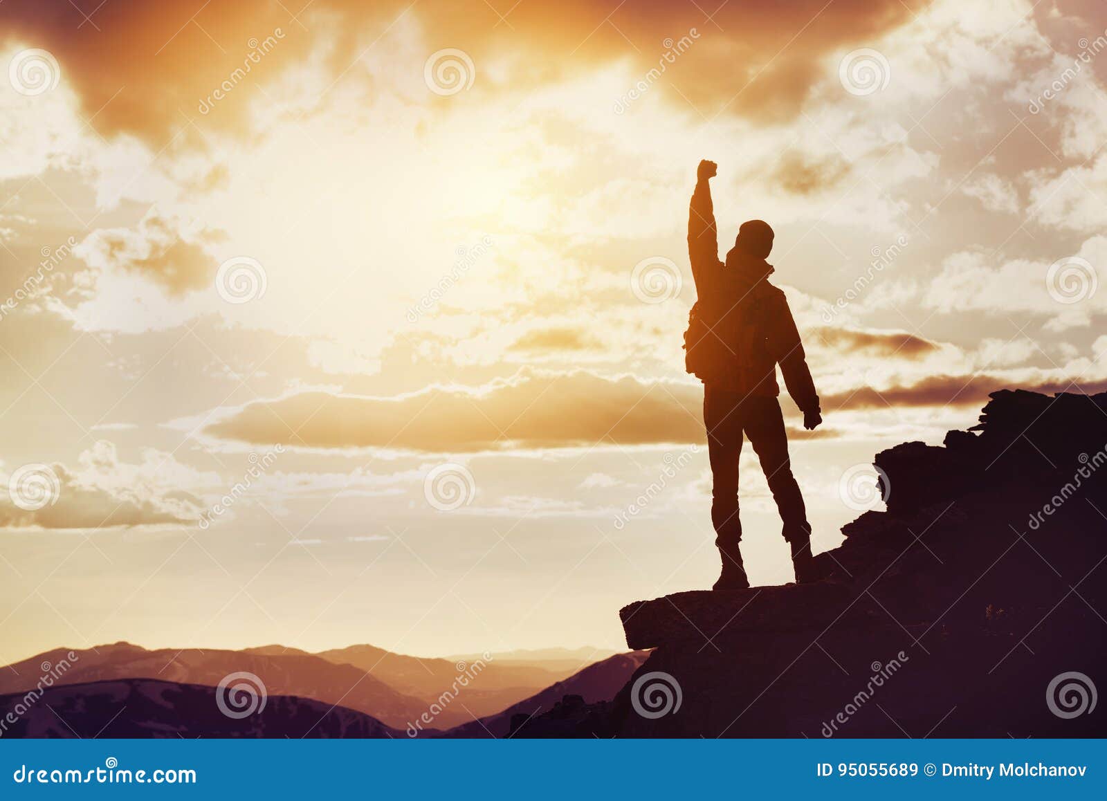 Man Winner Mountain Top Silhouette Stock Image - Image of active ...