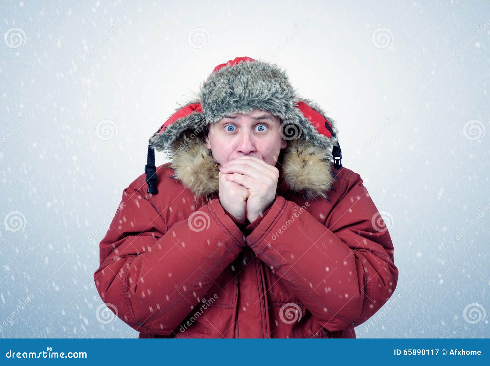 Man in Winter Clothes Warming Hands, Cold, Snow, Blizzard Stock Image ...