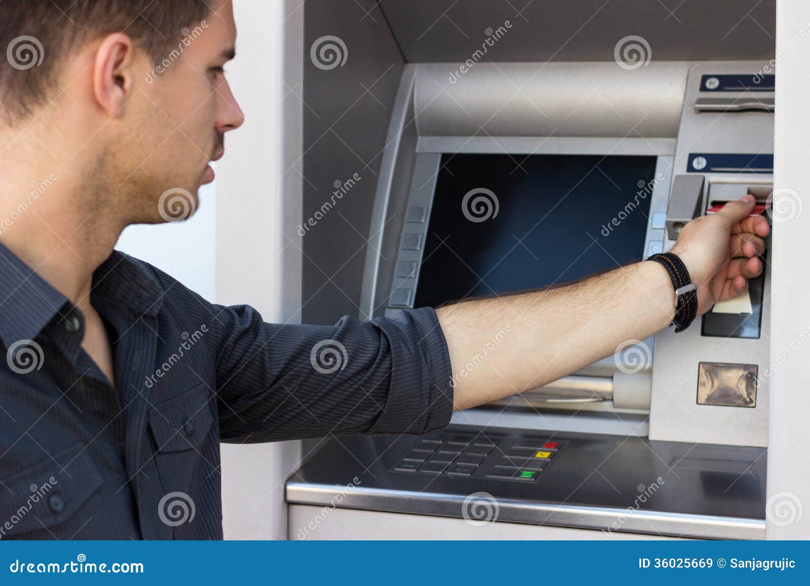 Man Withdrawing Money from an ATM Stock Image - Image of reader, screen ...