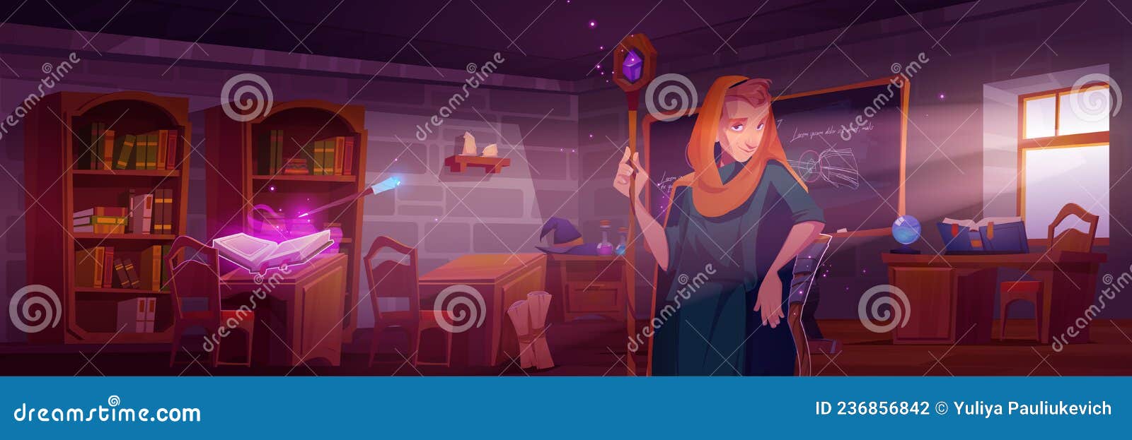 Magic School, Classroom Interior With Wooden Desks Vector Illustration ...
