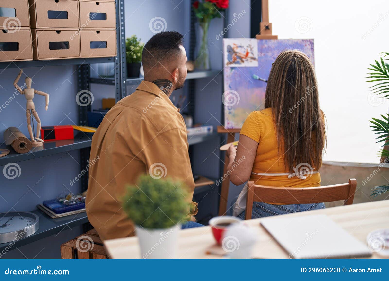 Man and Woman Artists Drawing on Back View at Art Studio Stock Photo ...