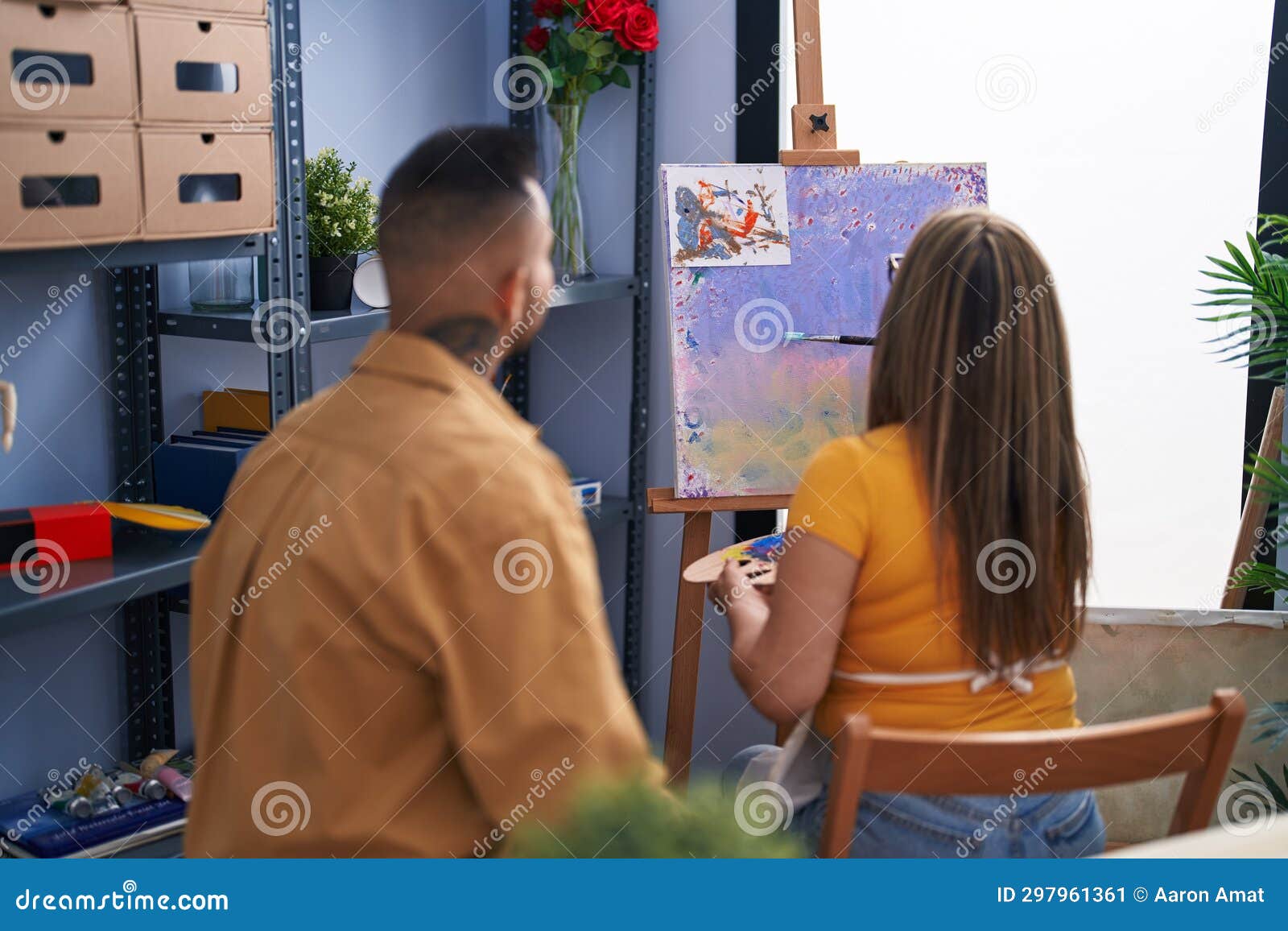 Man and Woman Artists Drawing on Back View at Art Studio Stock Image ...