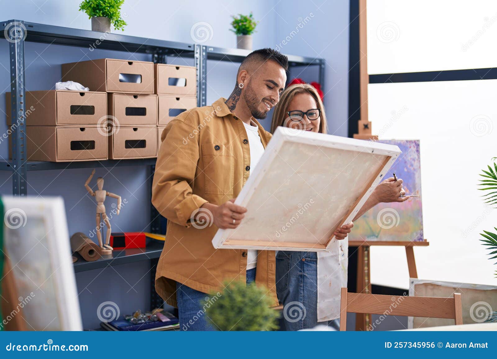 Man and Woman Artists Looking Draw Standing at Art Studio Stock Photo ...