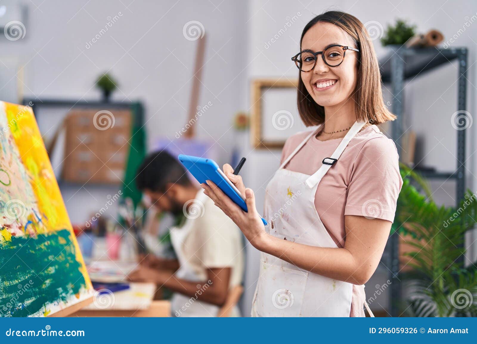 Man and Woman Artists Using Touchpad Drawing at Art Studio Stock Photo ...