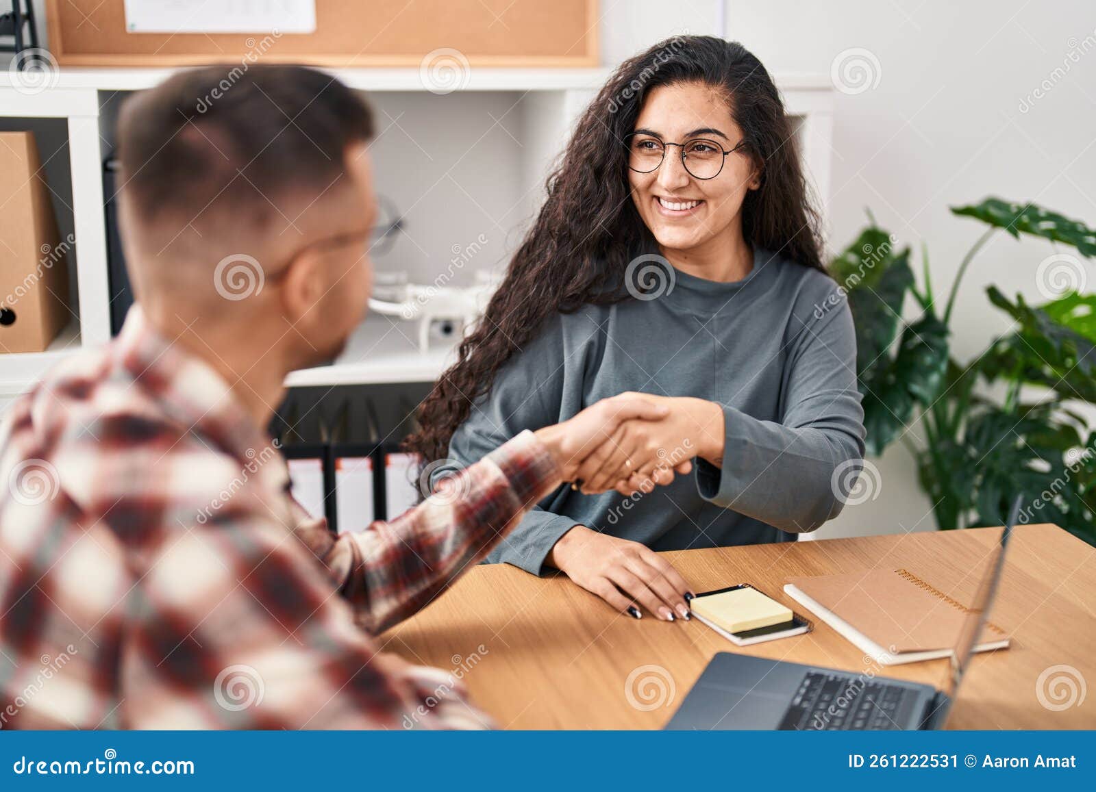 Man and Woman Business Workers Shake Hands at Office Stock Image ...