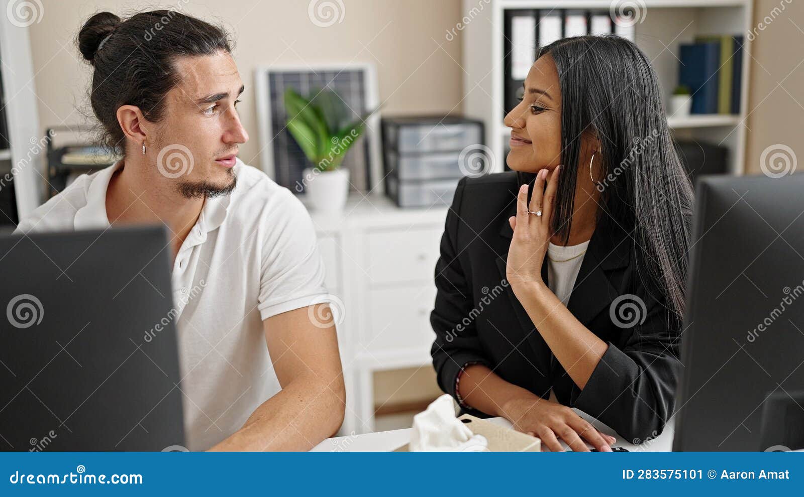 Man and Woman Business Workers Working and Speaking at Office Stock ...