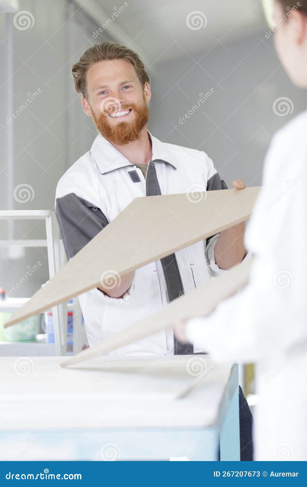 Man and Woman Carpenter Manipulate Wood Board Stock Image - Image of ...