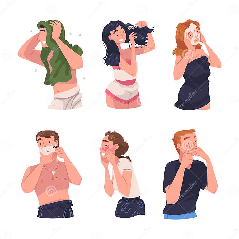 Man And Woman Character In Bathroom Doing Hygiene Procedure Vector