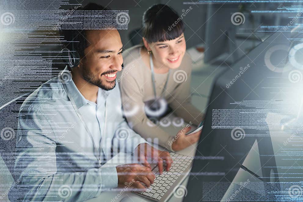 Man Woman And Computer In Night With Overlay Smile And Coaching For Tech Support Data