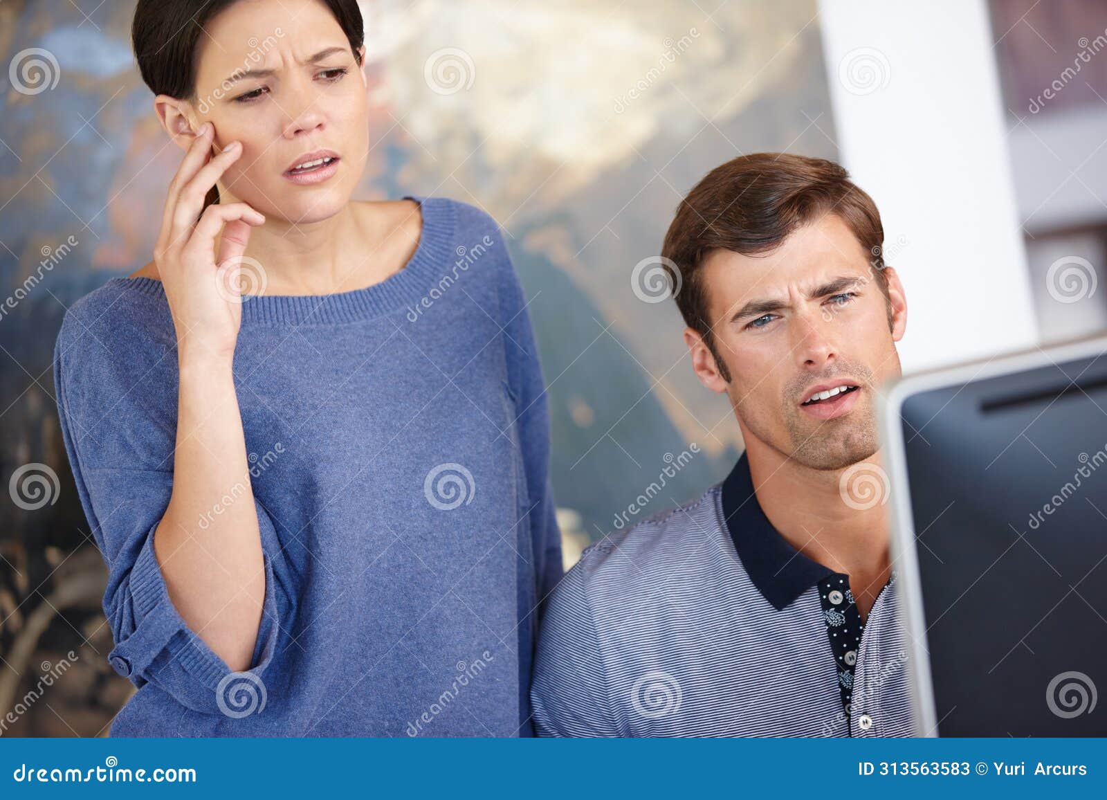 Man, Woman and Confused with Computer for Email, Internet and Thinking ...