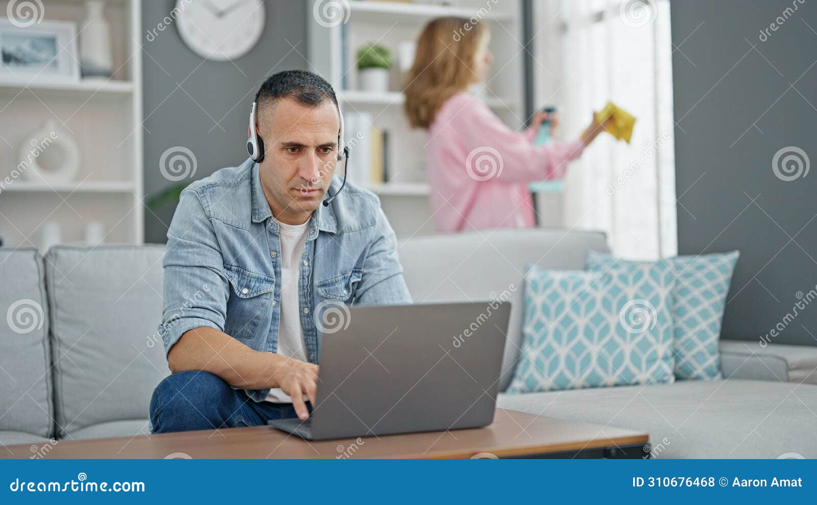 Man and Woman Couple Doing Chores while Work at Home Stock Photo ...