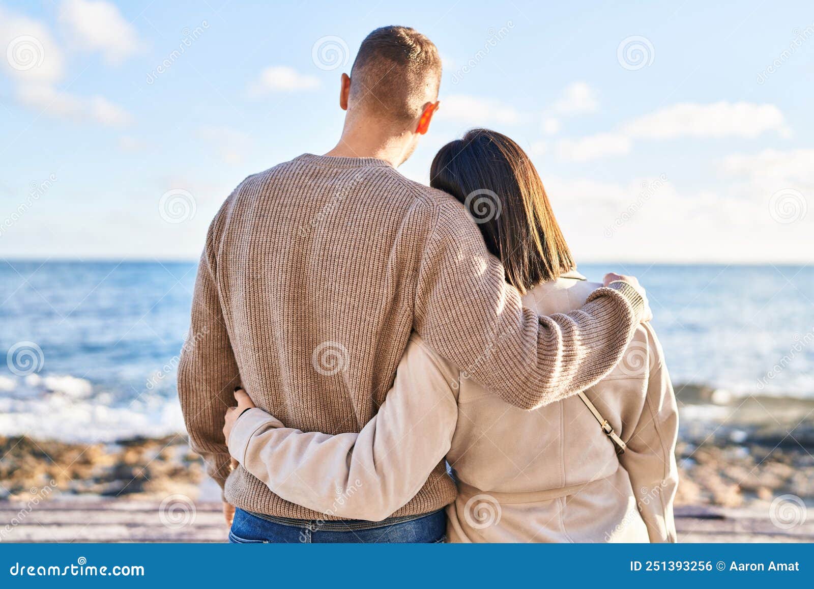 Man And Woman Couple Hugging Each Other Standing On Back View At